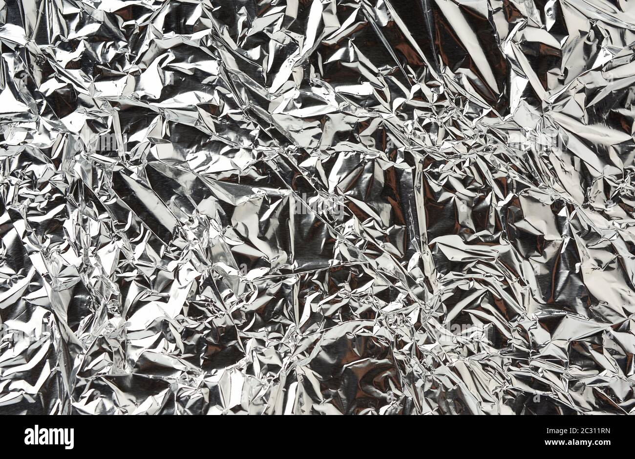 texture of shiny crumpled piece of gray foil, packaging material for ...
