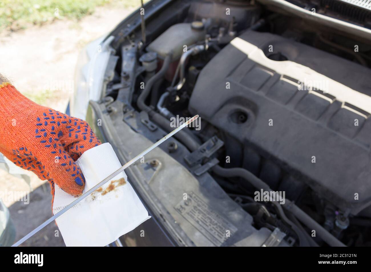 Checking the oil level in the car engine box Stock Photo - Alamy