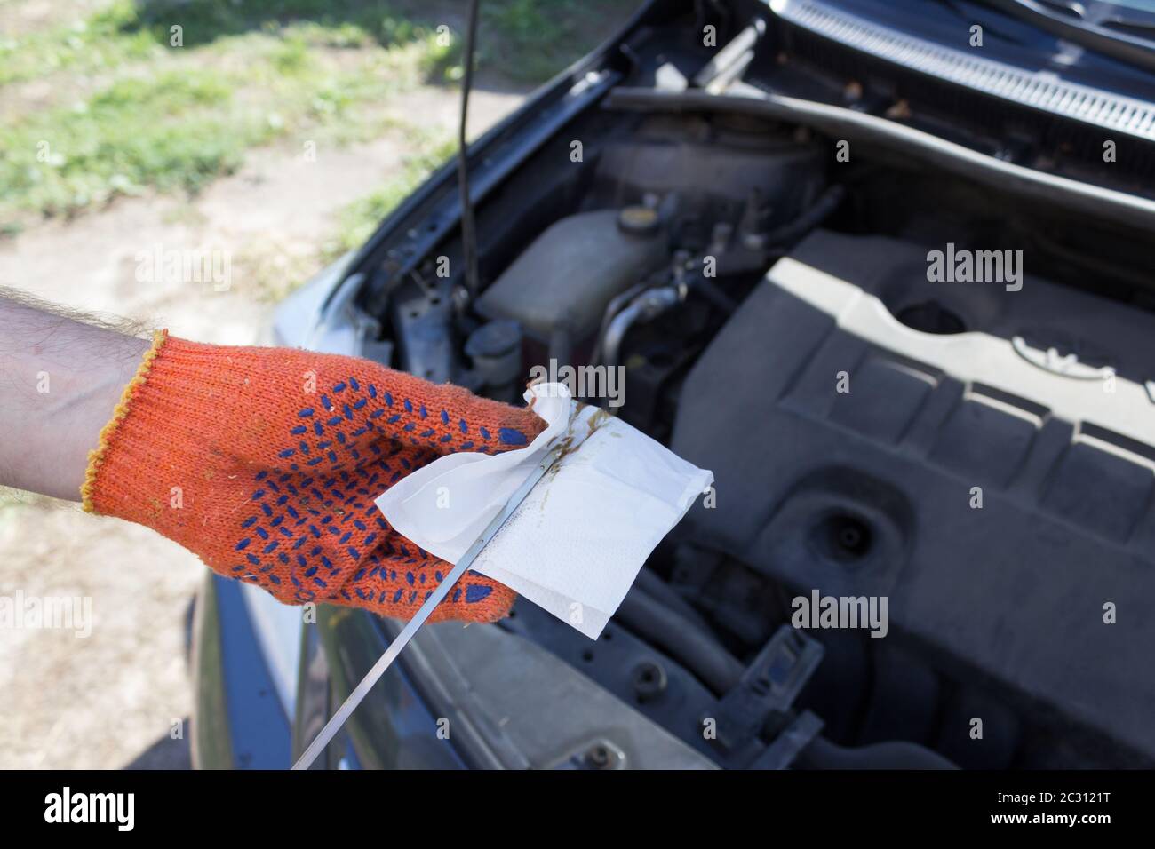 Checking the oil level in the car engine box Stock Photo - Alamy