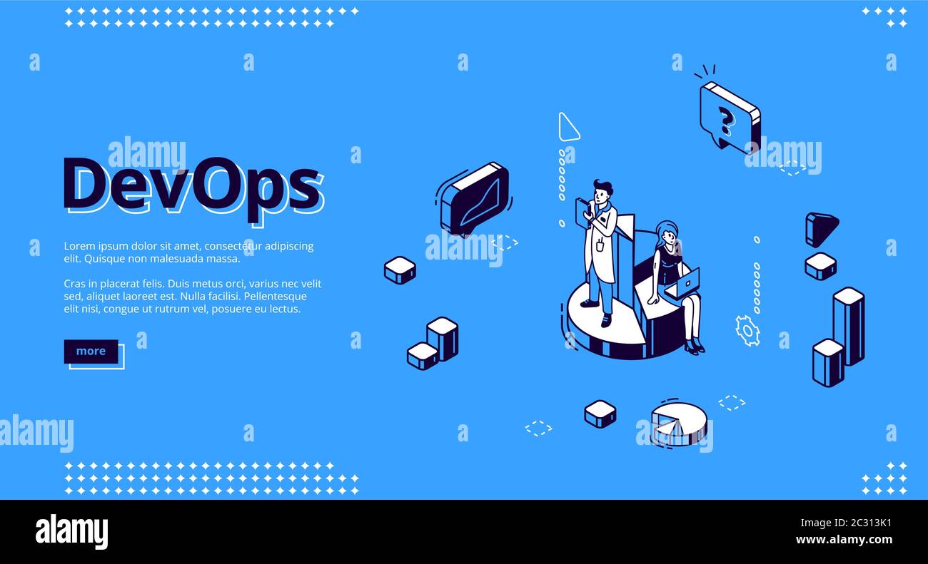 Devops isometric landing page, development and operation specialists work collaboration ...