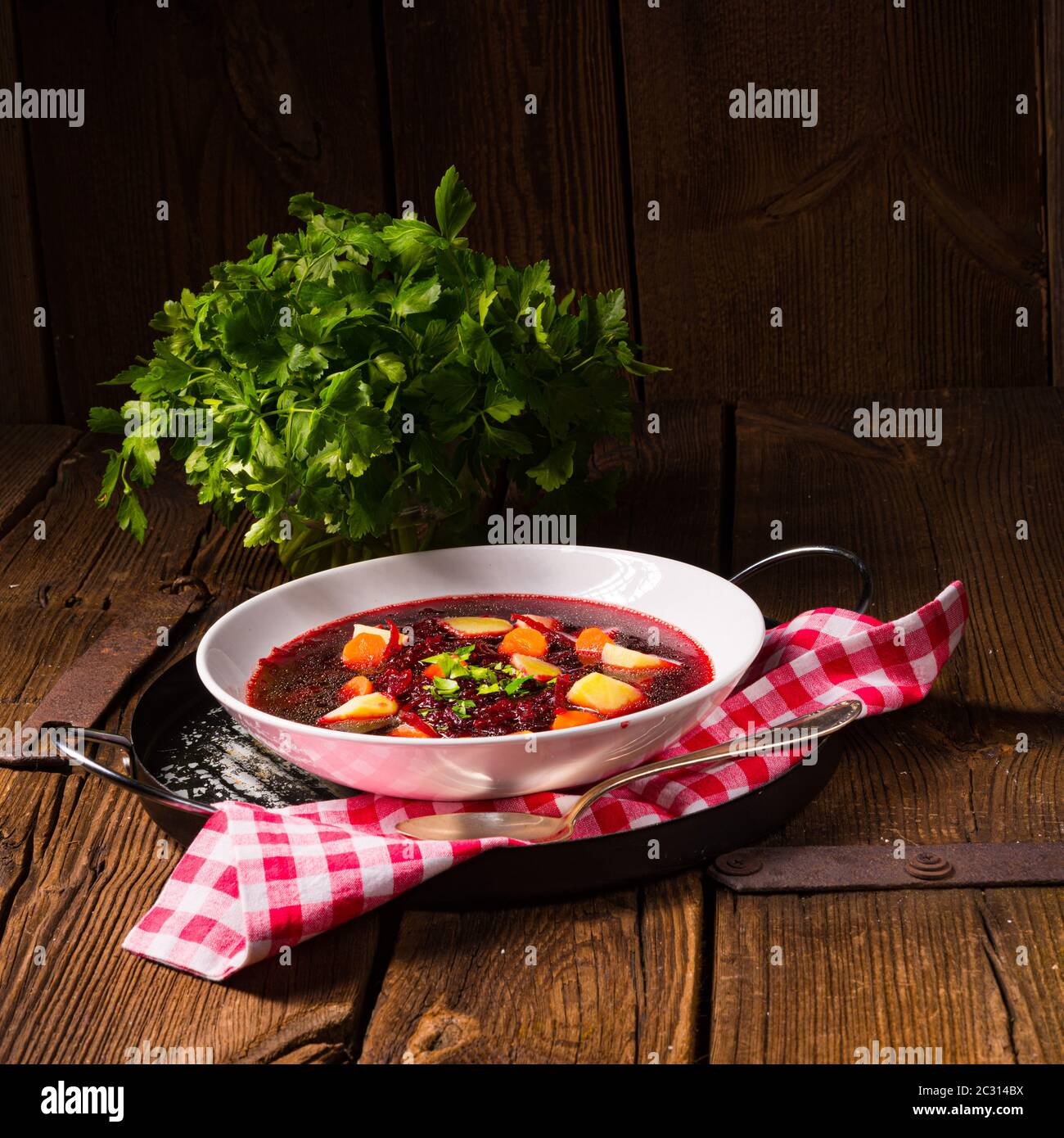 Delicious beetroot borscht with egg Stock Photo - Alamy