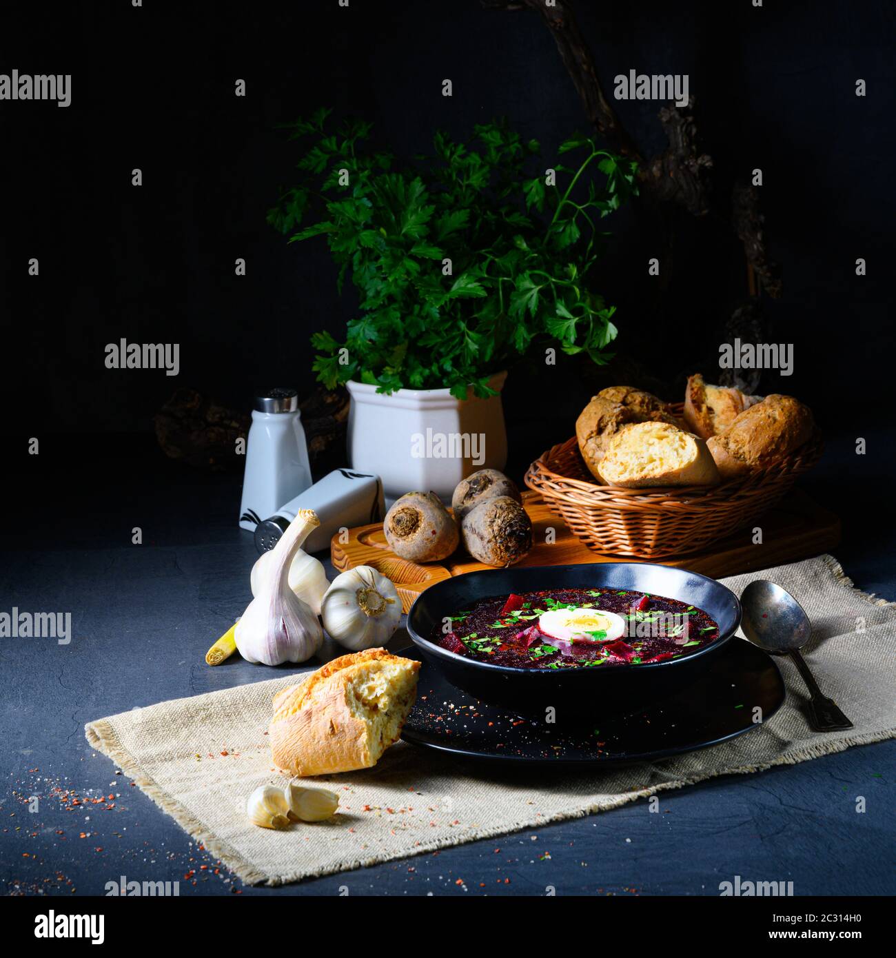 Delicious beetroot borscht with egg Stock Photo - Alamy