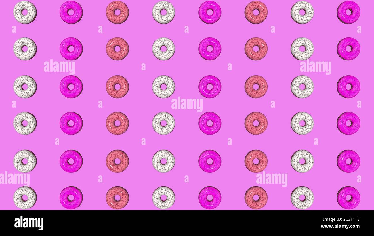 Abstract colorful animation, background of bright donuts. 3D rendering ...