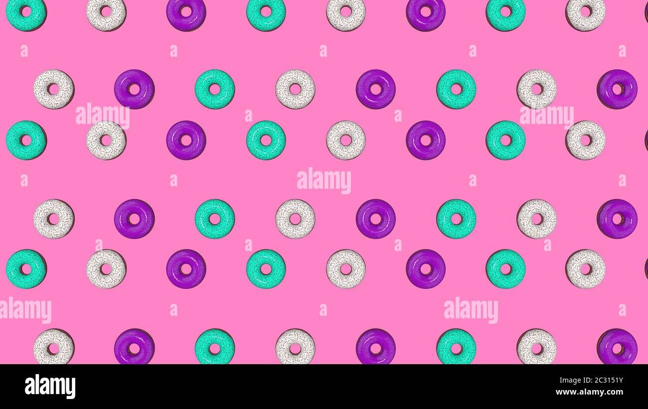 Abstract colorful animation, background of bright donuts. 3D rendering ...