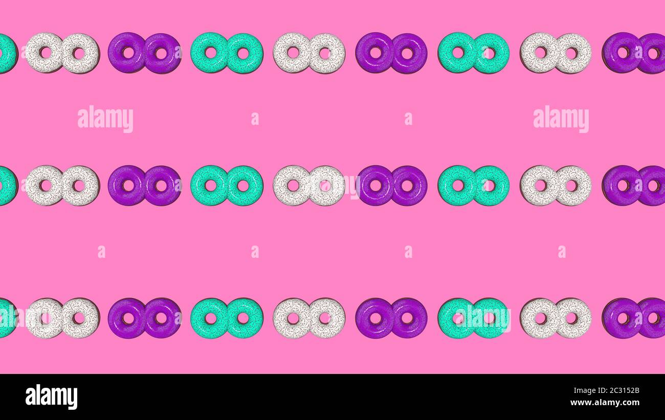 Abstract colorful animation, background of bright donuts. 3D rendering ...