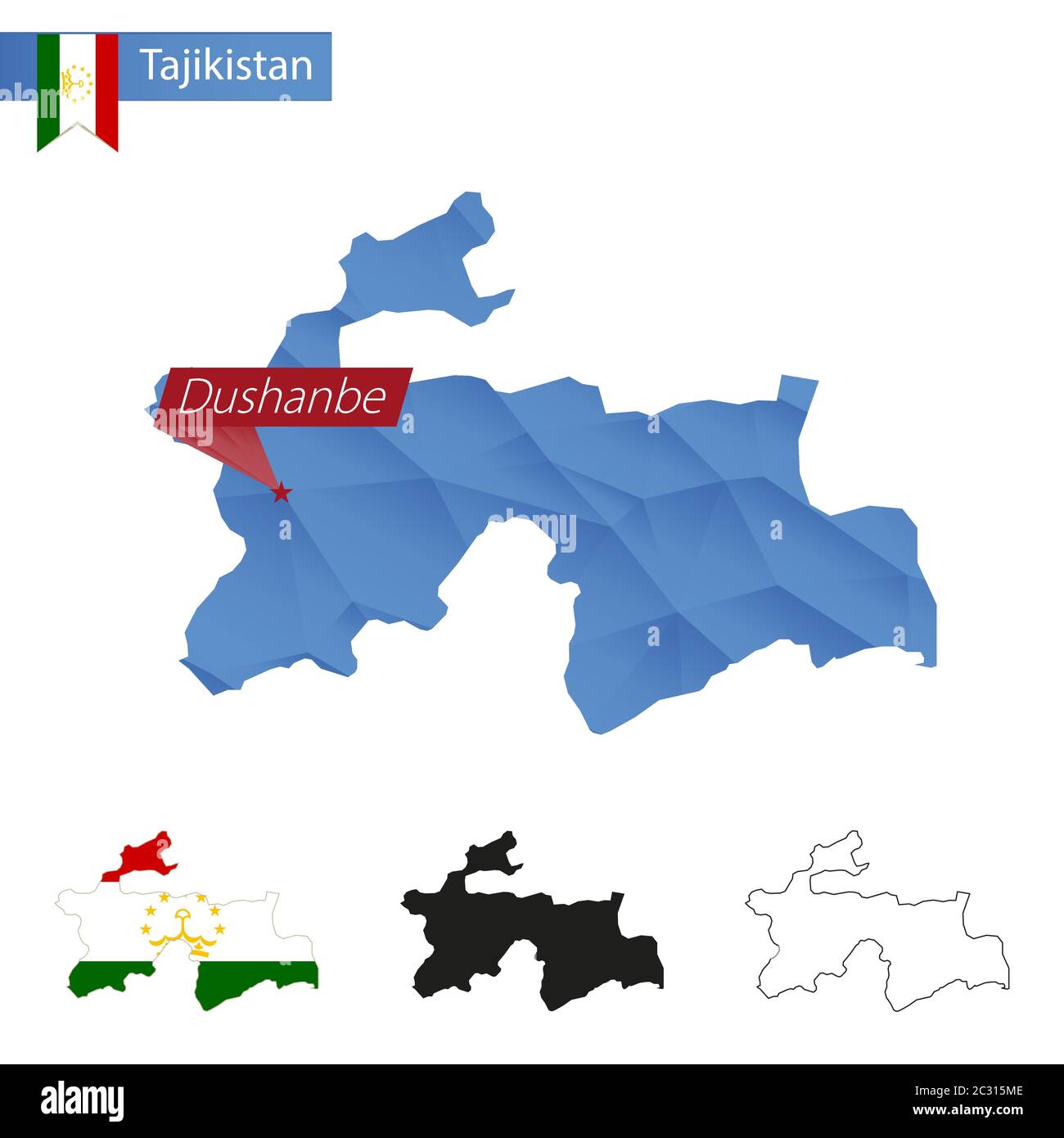 Tajikistan blue Low Poly map with capital Dushanbe, four versions of ...
