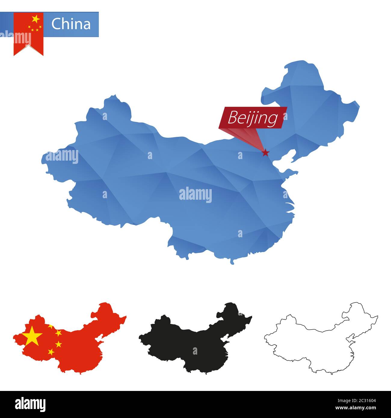 China blue Low Poly map with capital Beijing, four versions of map ...