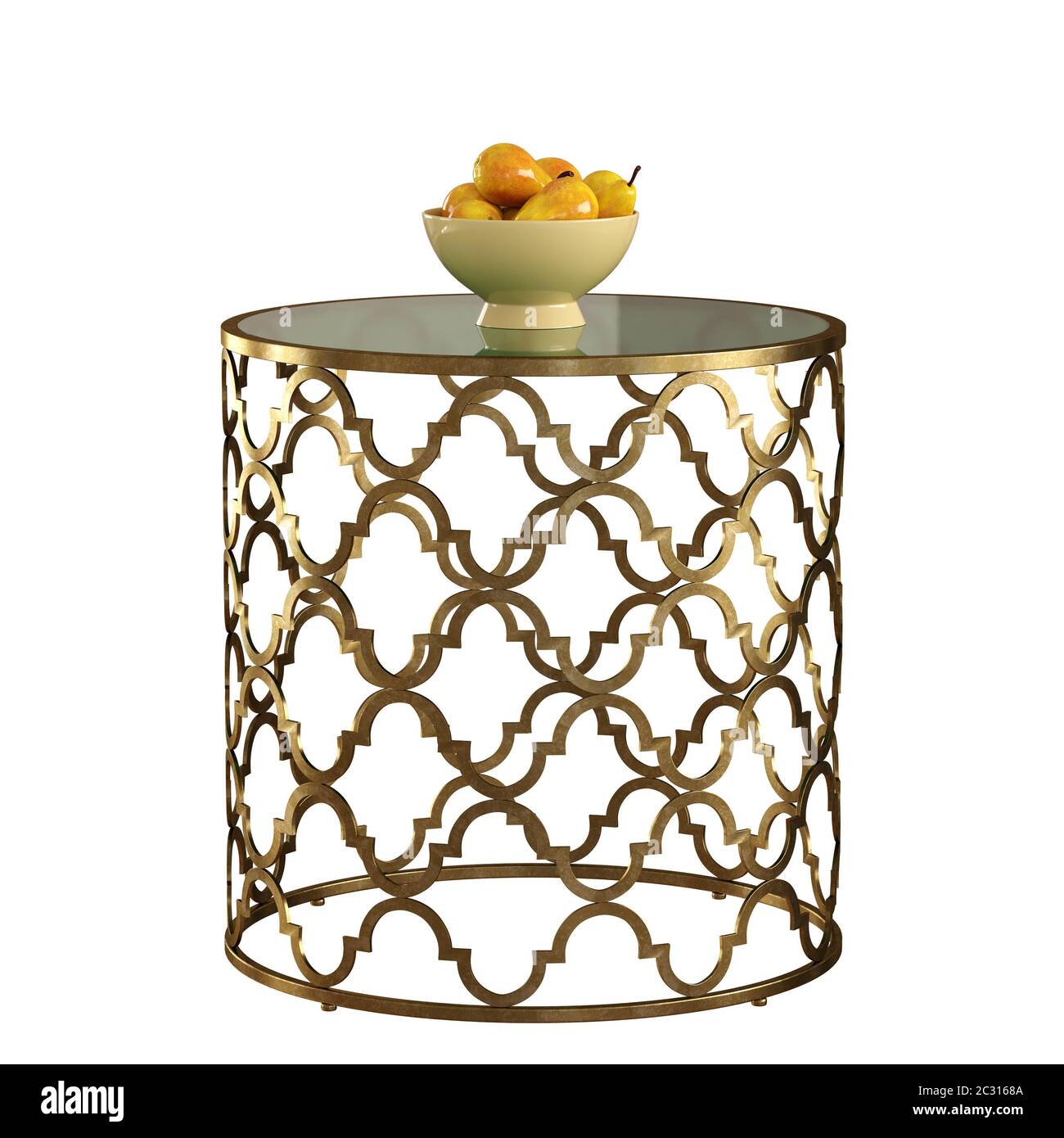 A small round table with a patterned base on a white background. 3d ...
