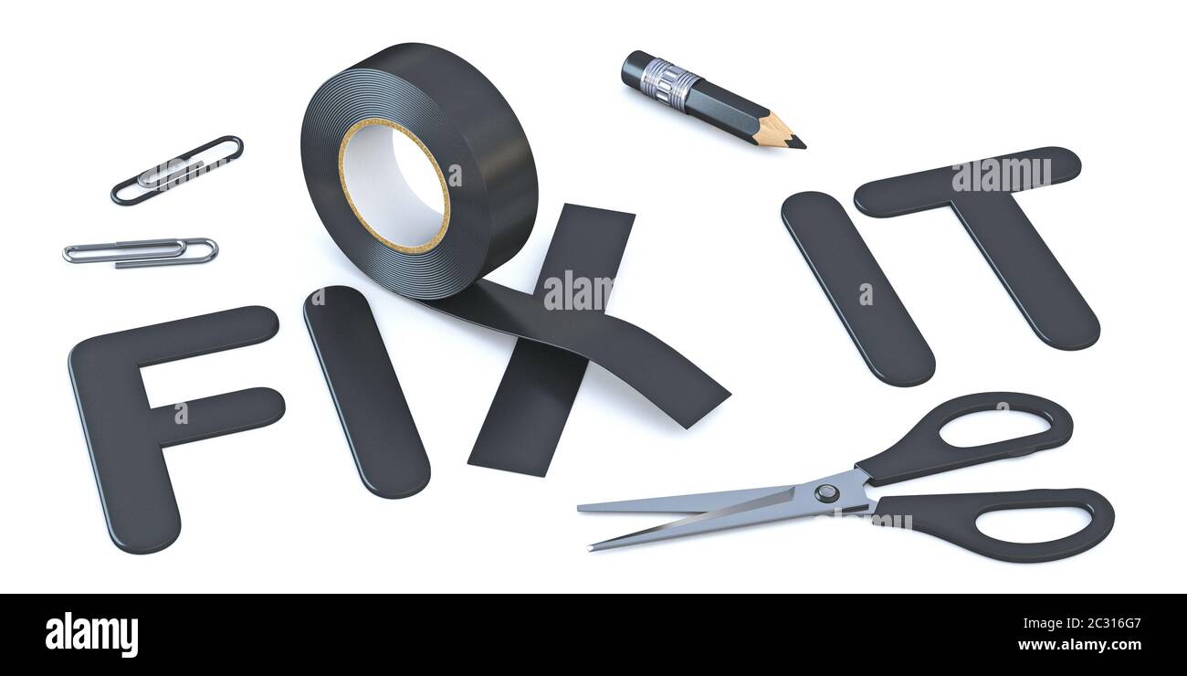 Slogan FIX IT with black duct tape 3D render illustration isolated on ...