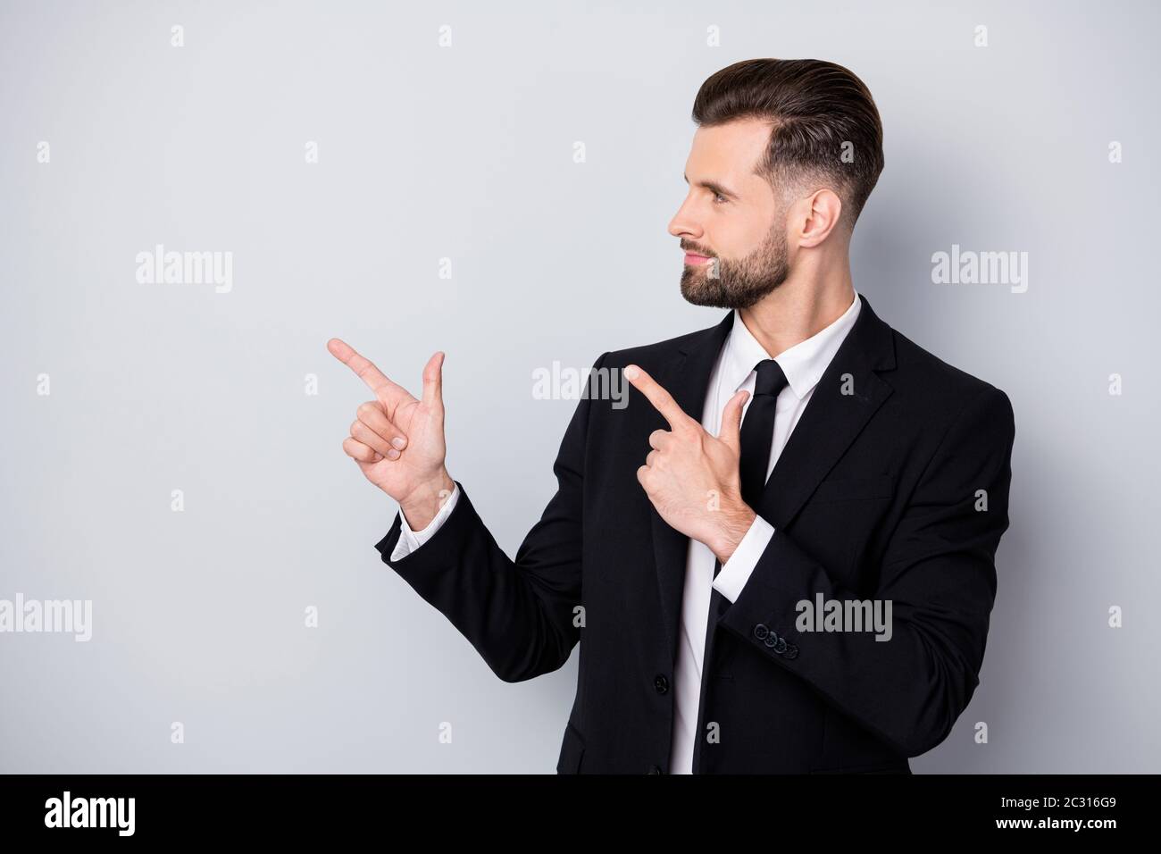 Profile side photo of successful smart company worker man point index ... Profile side photo of successful smart company worker man point index ...
