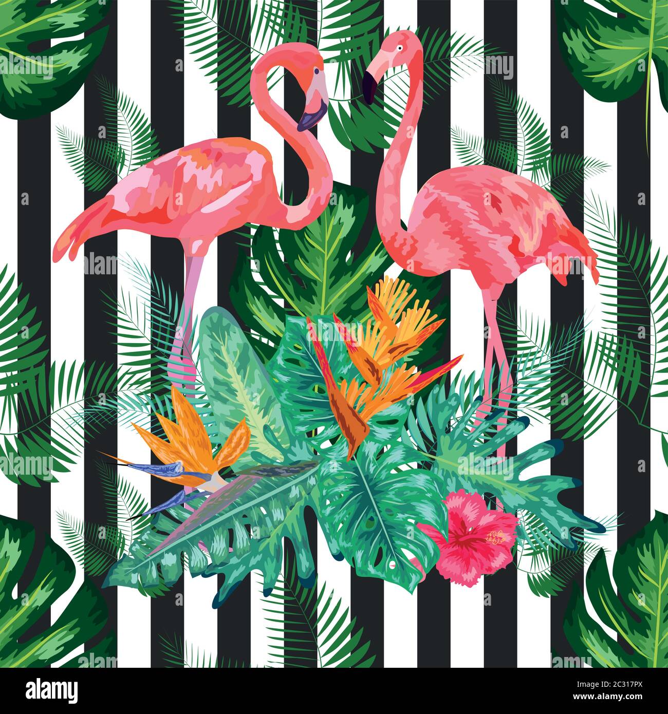 Seamless pattern with dark blue grunge stripes and pink flamingo. Pink ...