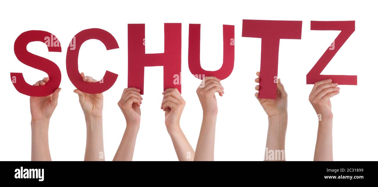 People Hands Holding Red German Word Schutz Means Protection. White ...
