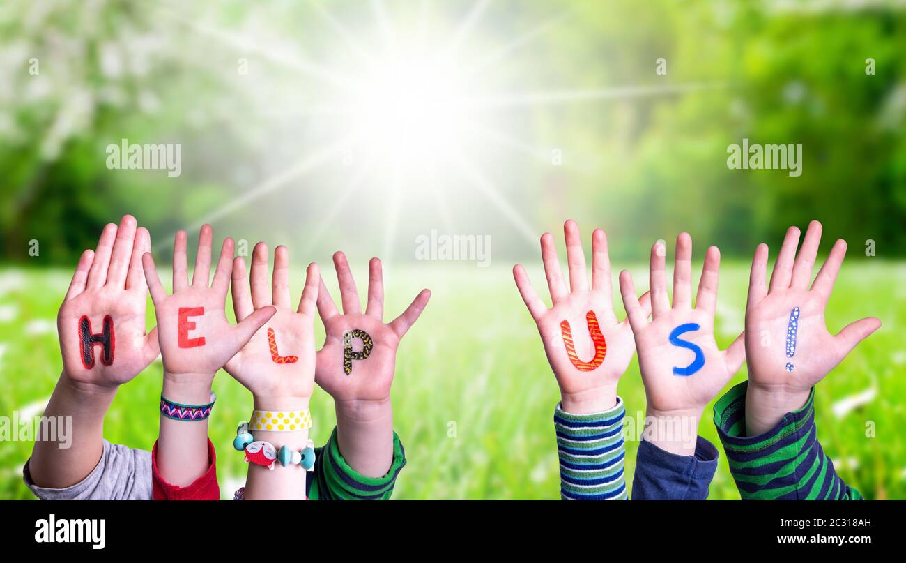Children Hands Building Colorful Word Help Us. Green Grass Meadow As ...