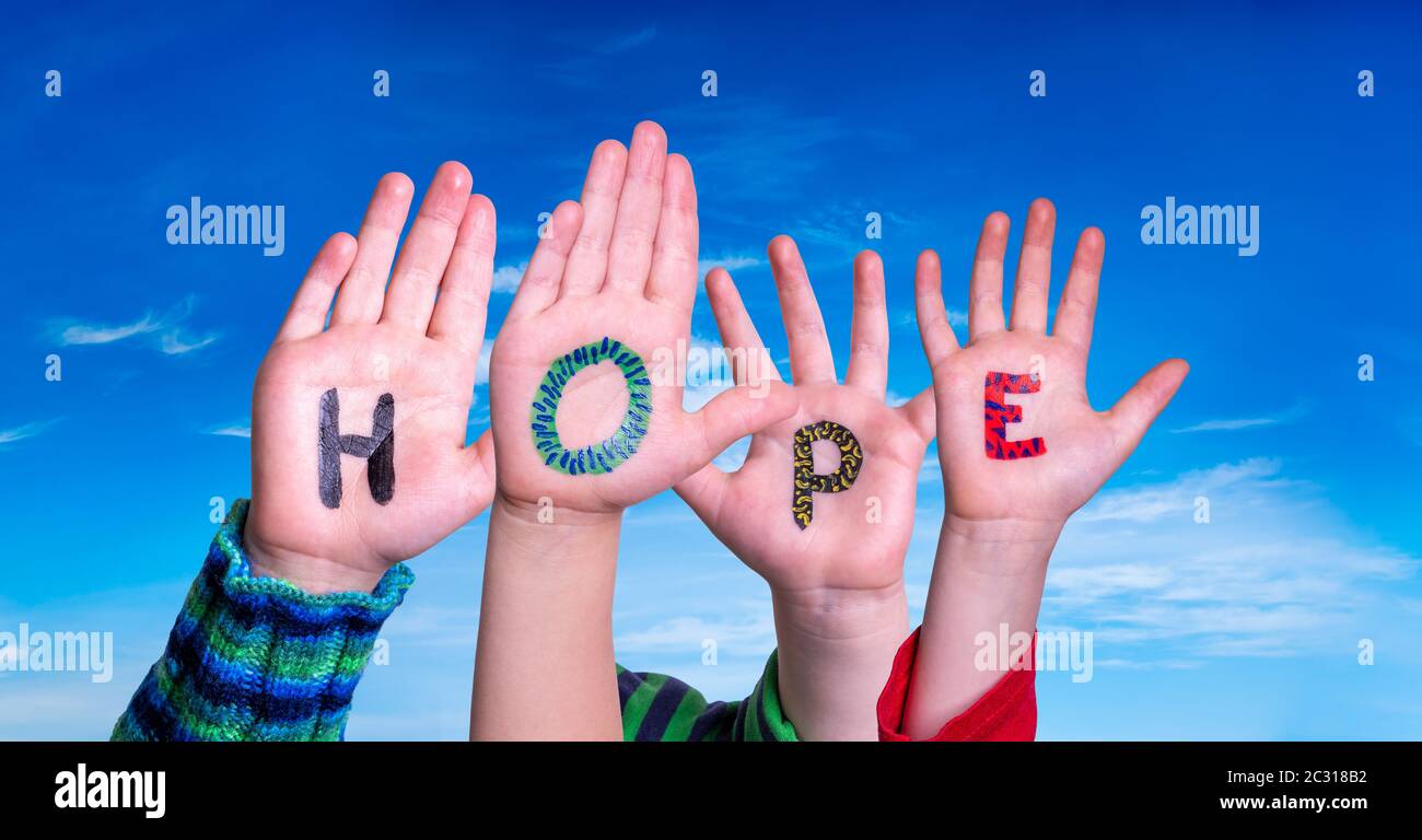 Children Hands Building Colorful English Word Hope. Blue Sky As ...
