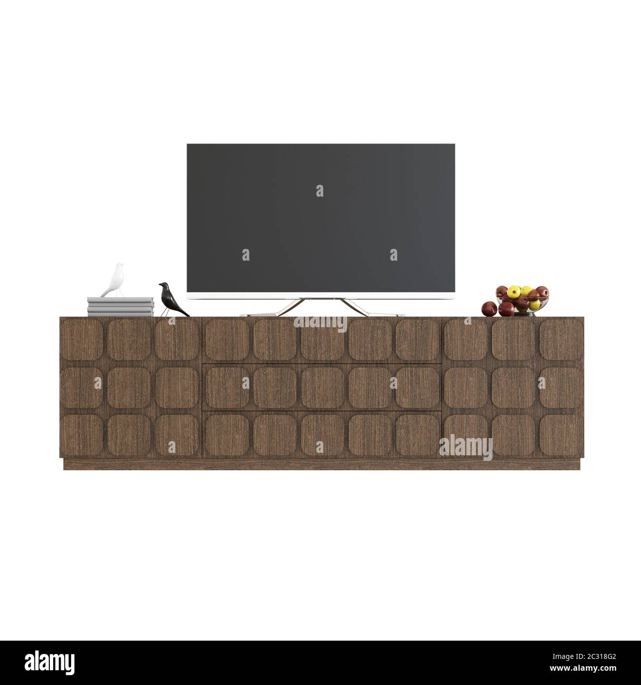 Brown tv stand with square pattern with tv on a white background. 3d ...