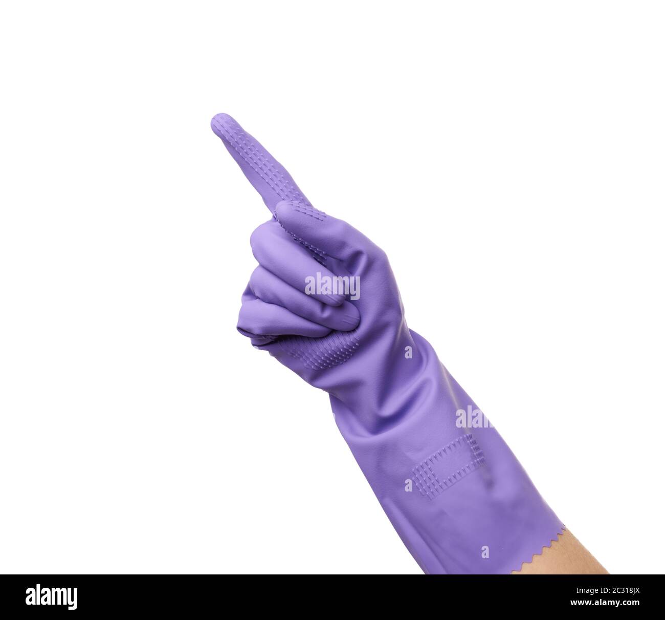 purple rubber glove for cleaning is dressed on the hand, protection of ...