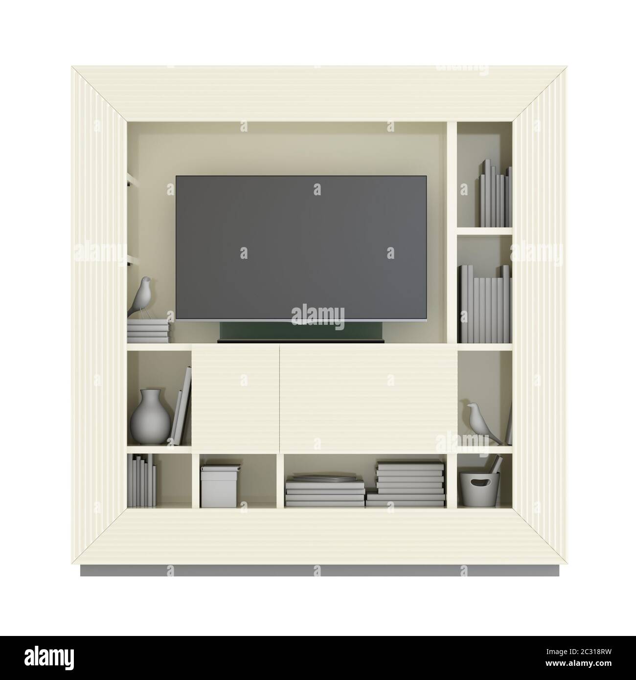 TV closet with baguette, TV and decor on a white background. 3d ...
