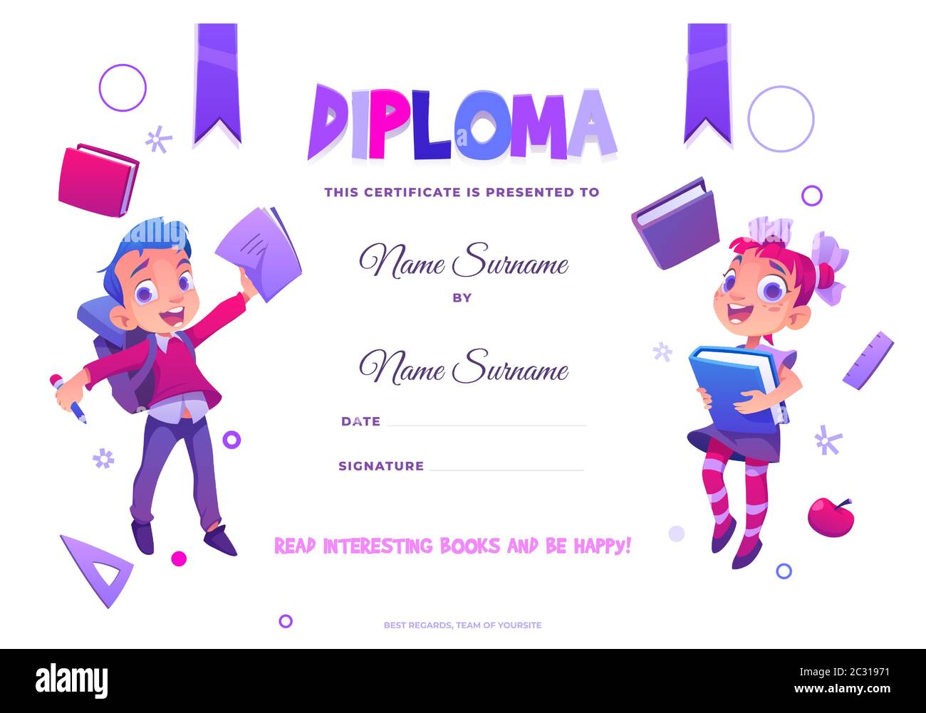 Kids school diploma certificate happy children with books jumping, boy ...