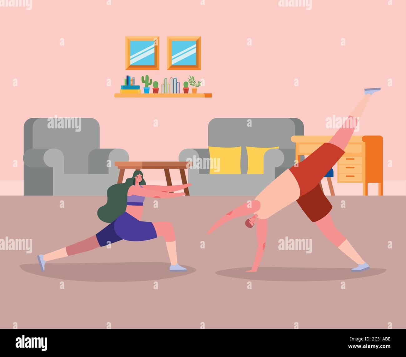 Woman and man cartoons doing exercise design of Stay at home and ...