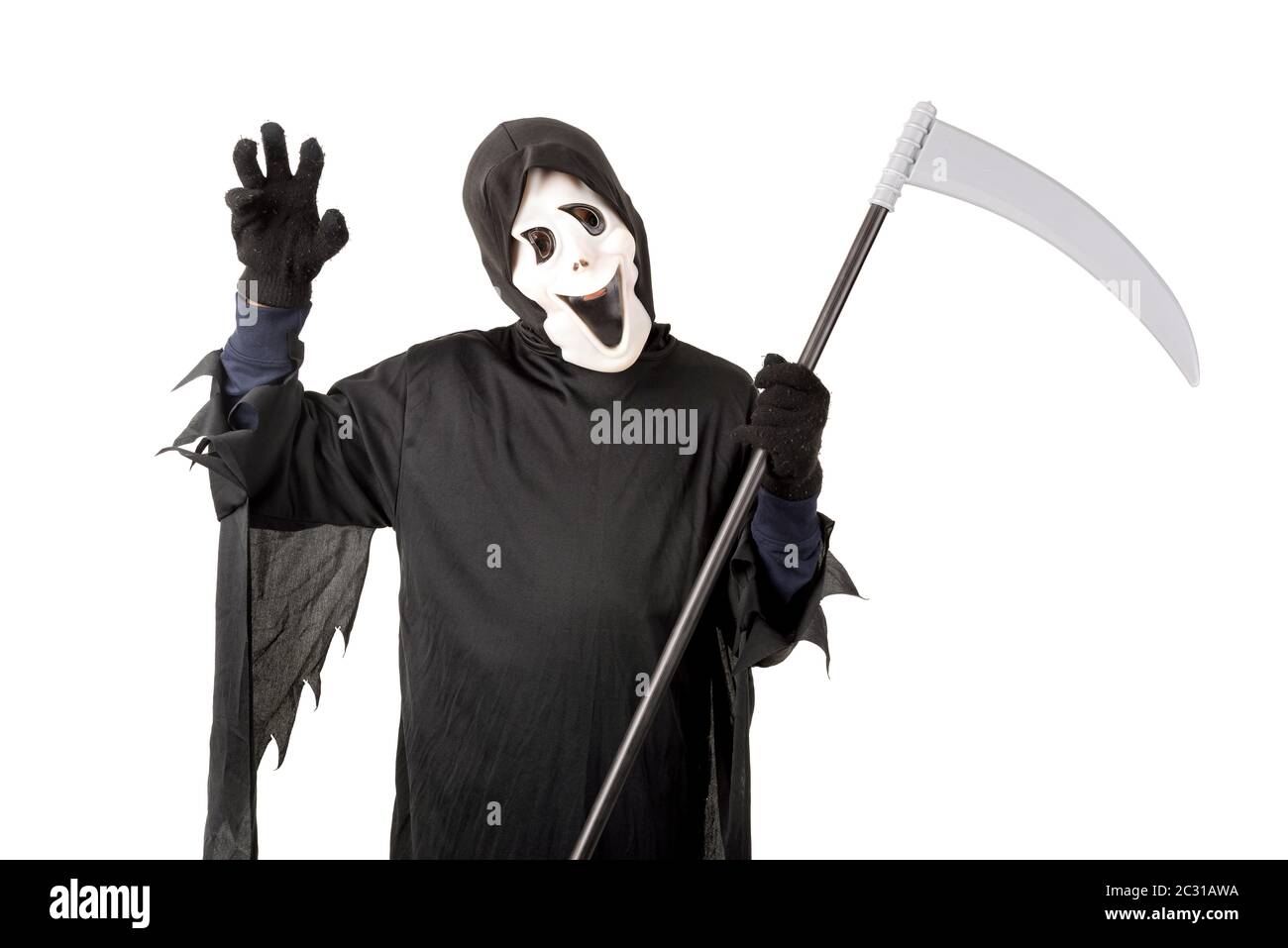 Kid with reaper mask in Halloween costume isolated in white Stock Photo ...