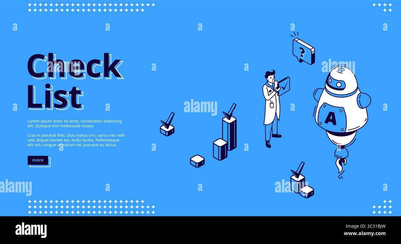 Check list isometric landing page. Business man or scientist holding ...