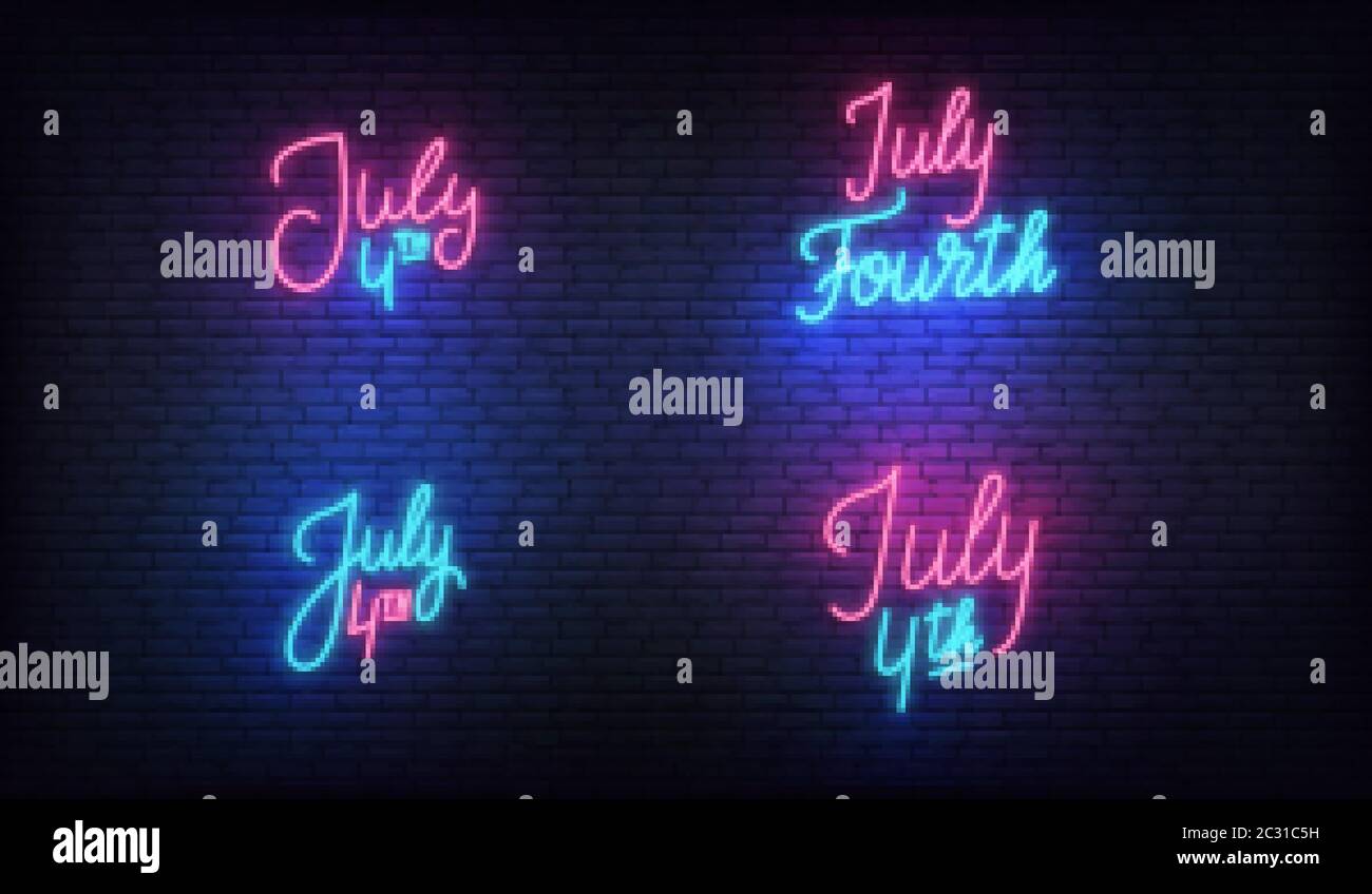 July 4th neon set. USA Independence Day glowing lettering sign Stock ...