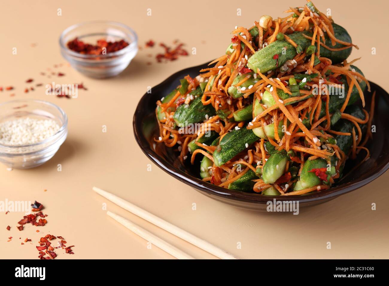 Traditional Korean kimchi snack: cucumbers stuffed with carrots, green ...