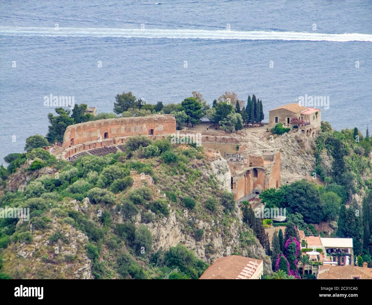 scenery around the Ancient theatre of Taormina in Sicily, Italy Stock ...