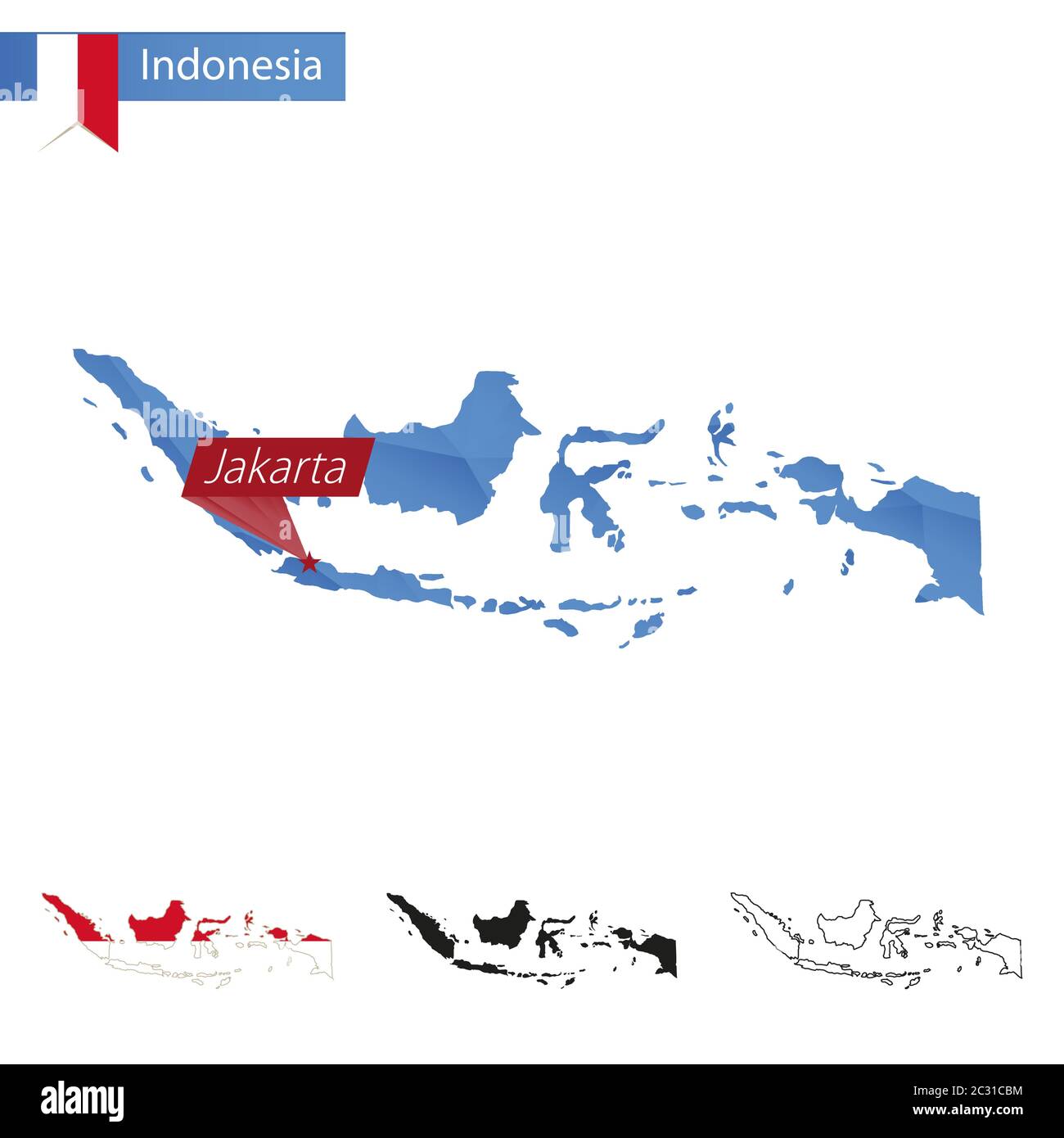 Indonesia blue Low Poly map with capital Jakarta, versions with flag ...