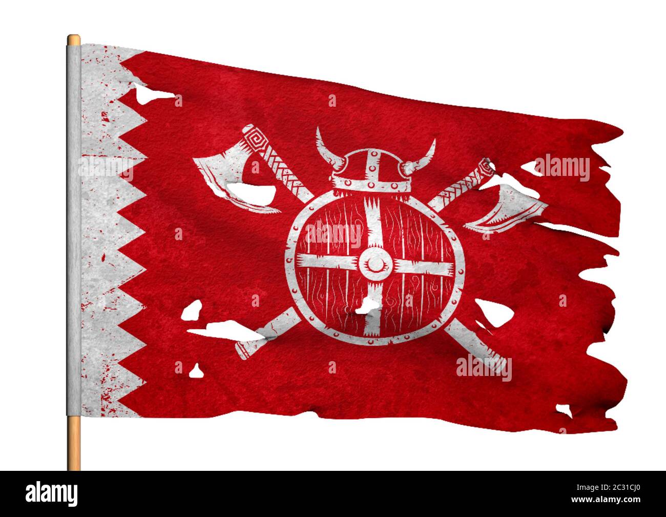 Medieval viking knight waving tattered flag with coat of arms of ...
