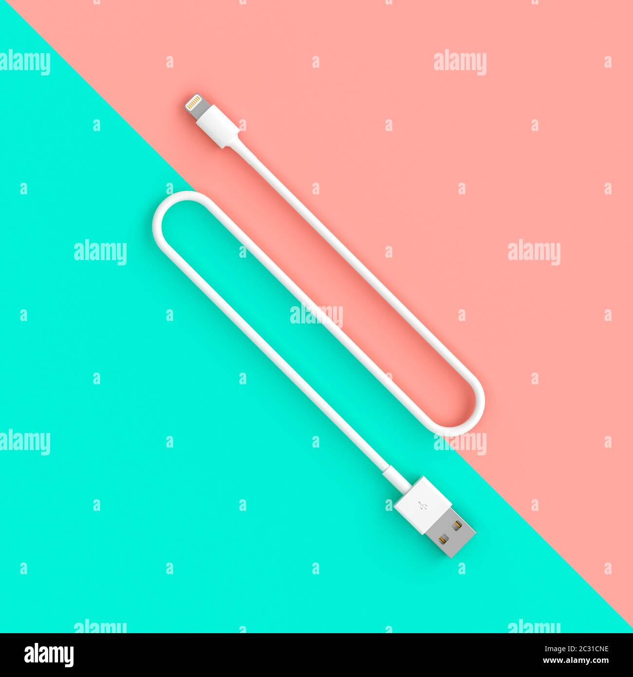 white usb cable on two-color background in flat lay style. 3d render ...
