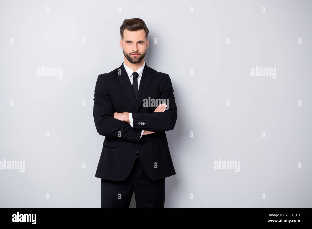 Portrait of masculine strict executive manager man cross hands ready ...