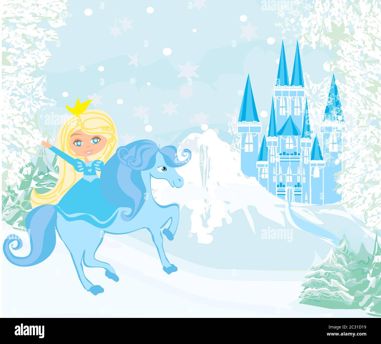Winter landscape with castle and beautiful princess riding a horse ...