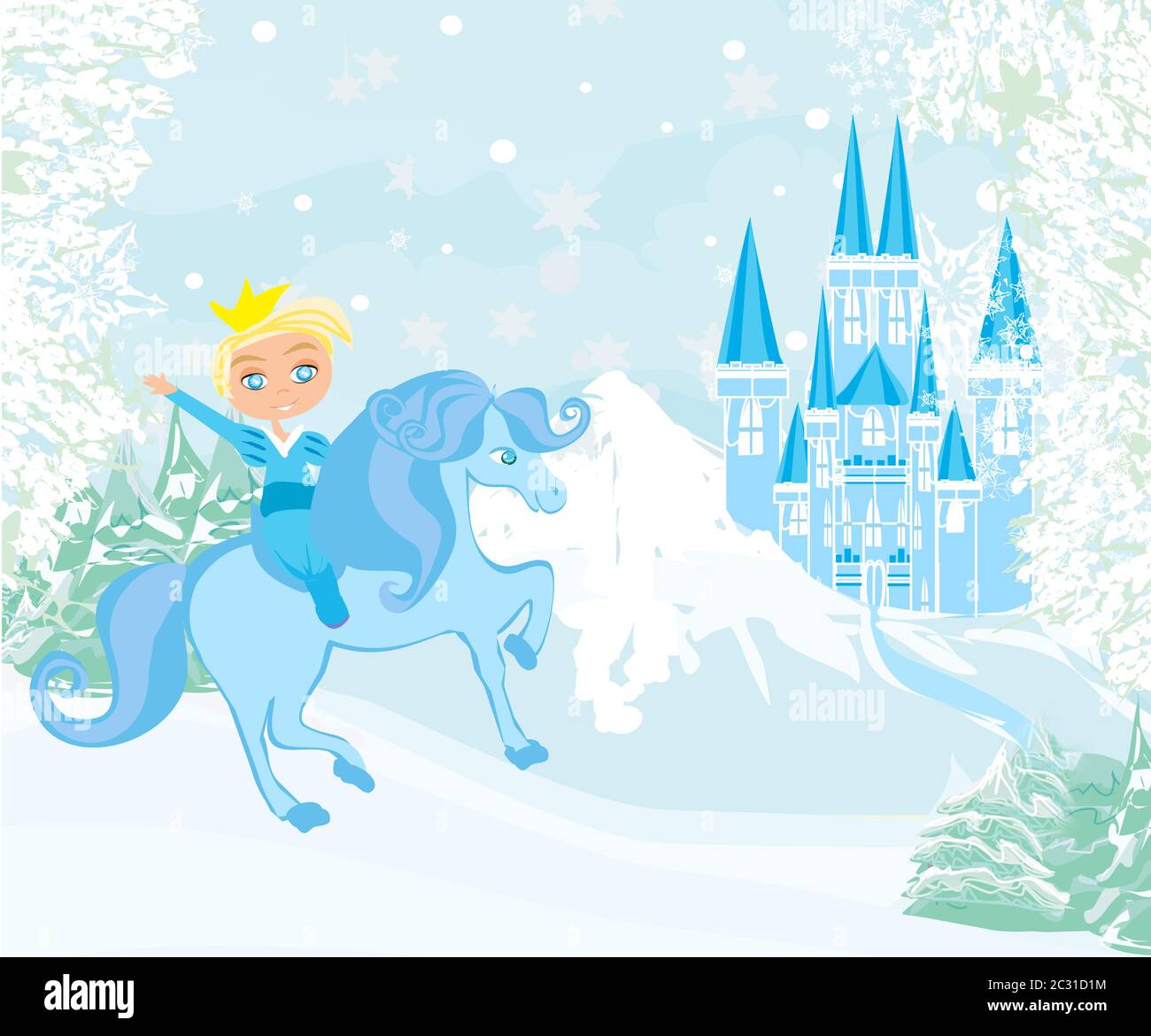 Winter landscape with castle and prince riding a horse Stock Photo - Alamy