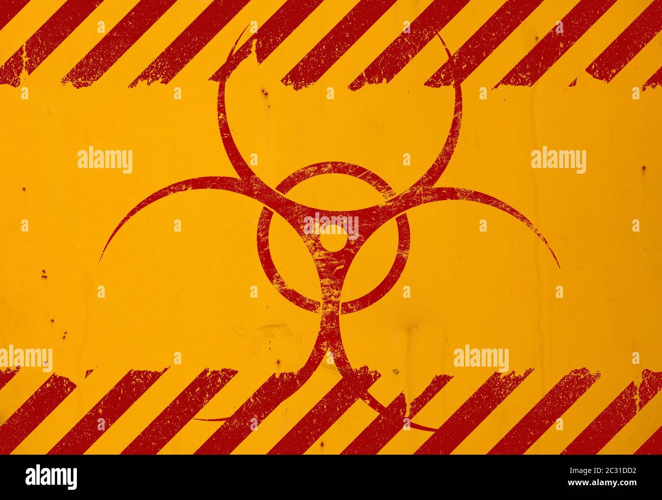 Dark red biohazard warning sign painted over grunge yellow background ...
