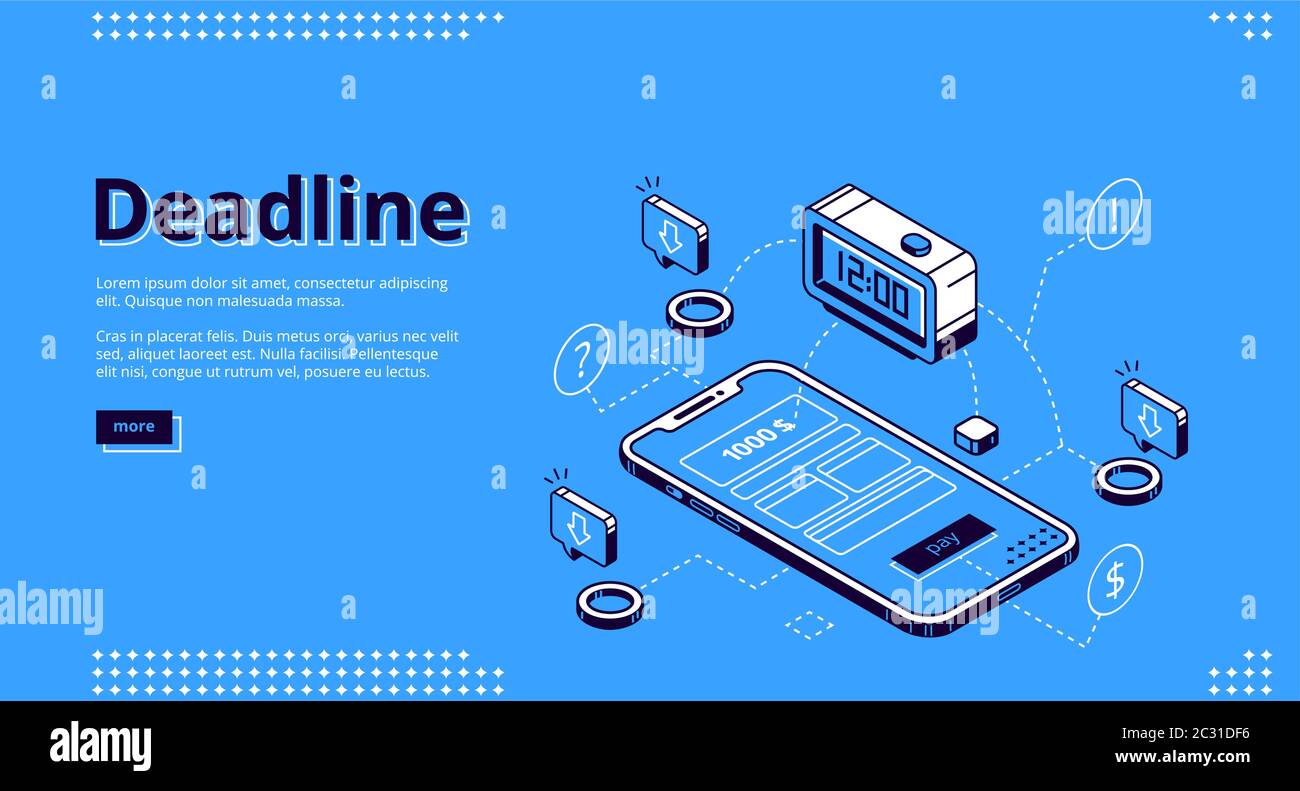 Deadline isometric landing page. Mobile phone digital interface with ...