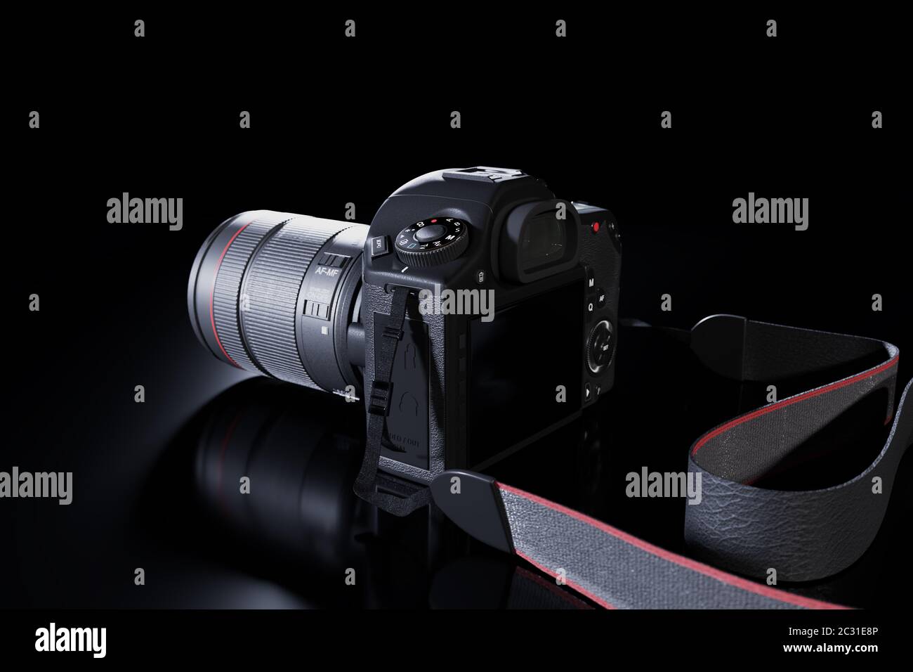 Professional digital SLR photo camera with a zoom lens and a leather ...