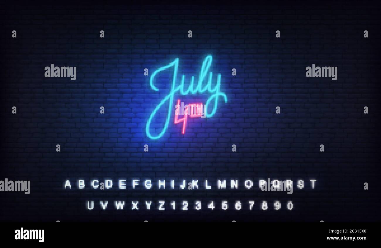 July 4th neon. USA Independence Day glowing lettering sign Stock Vector ...