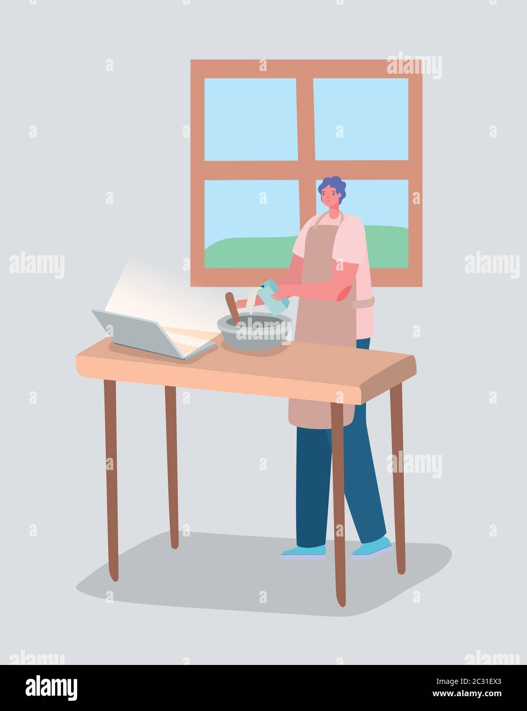 Man cartoon cooking on table with laptop and bowl design of Stay at ...