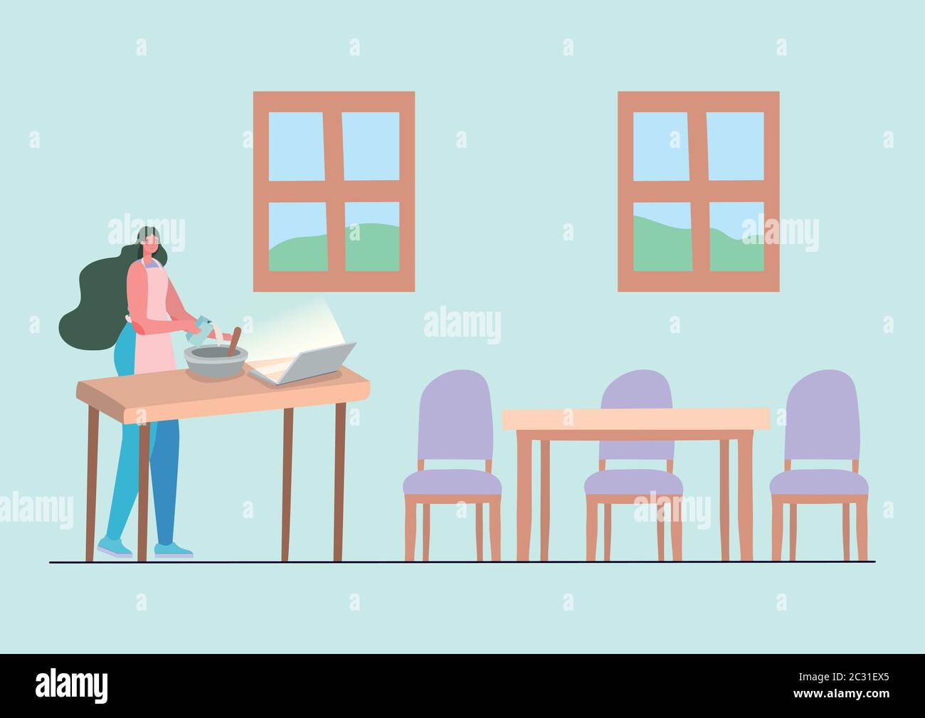 Woman cartoon cooking on table with laptop and bowl design of Stay at ...