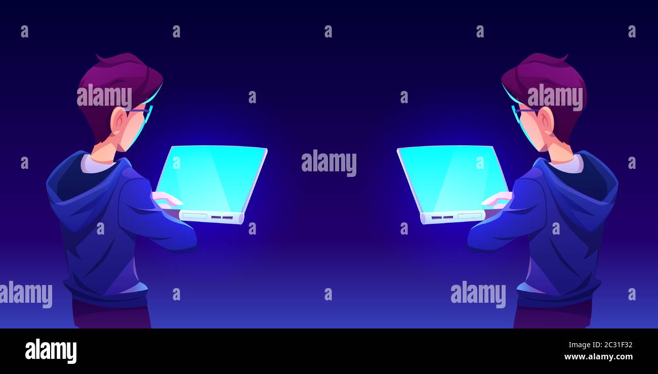 Teenage boy using computer app. Man hold in hand laptop with shiny blue ...