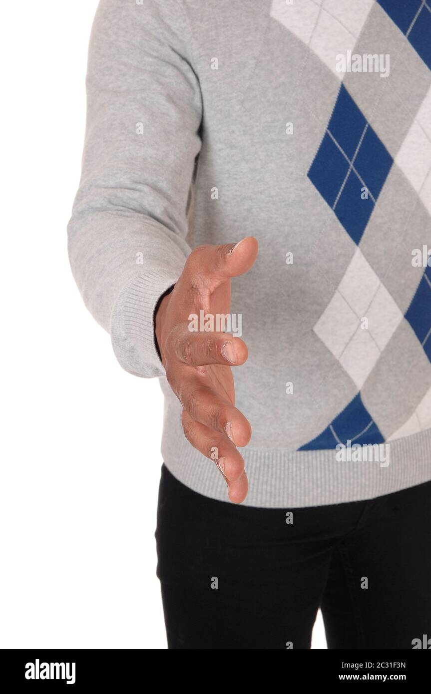 An African American man standing in a halve body images with one hand ...