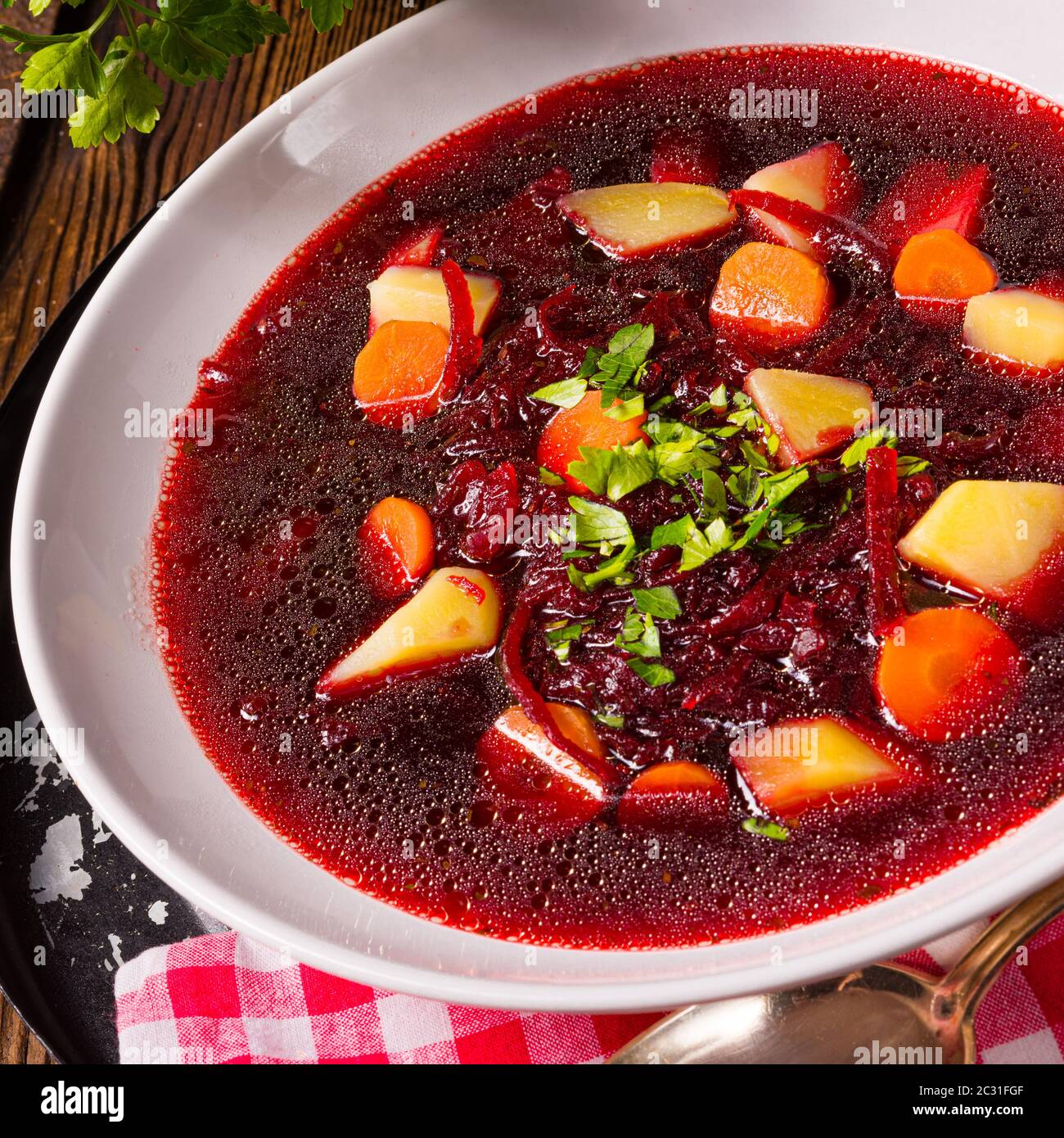 Delicious beetroot borscht with egg Stock Photo - Alamy