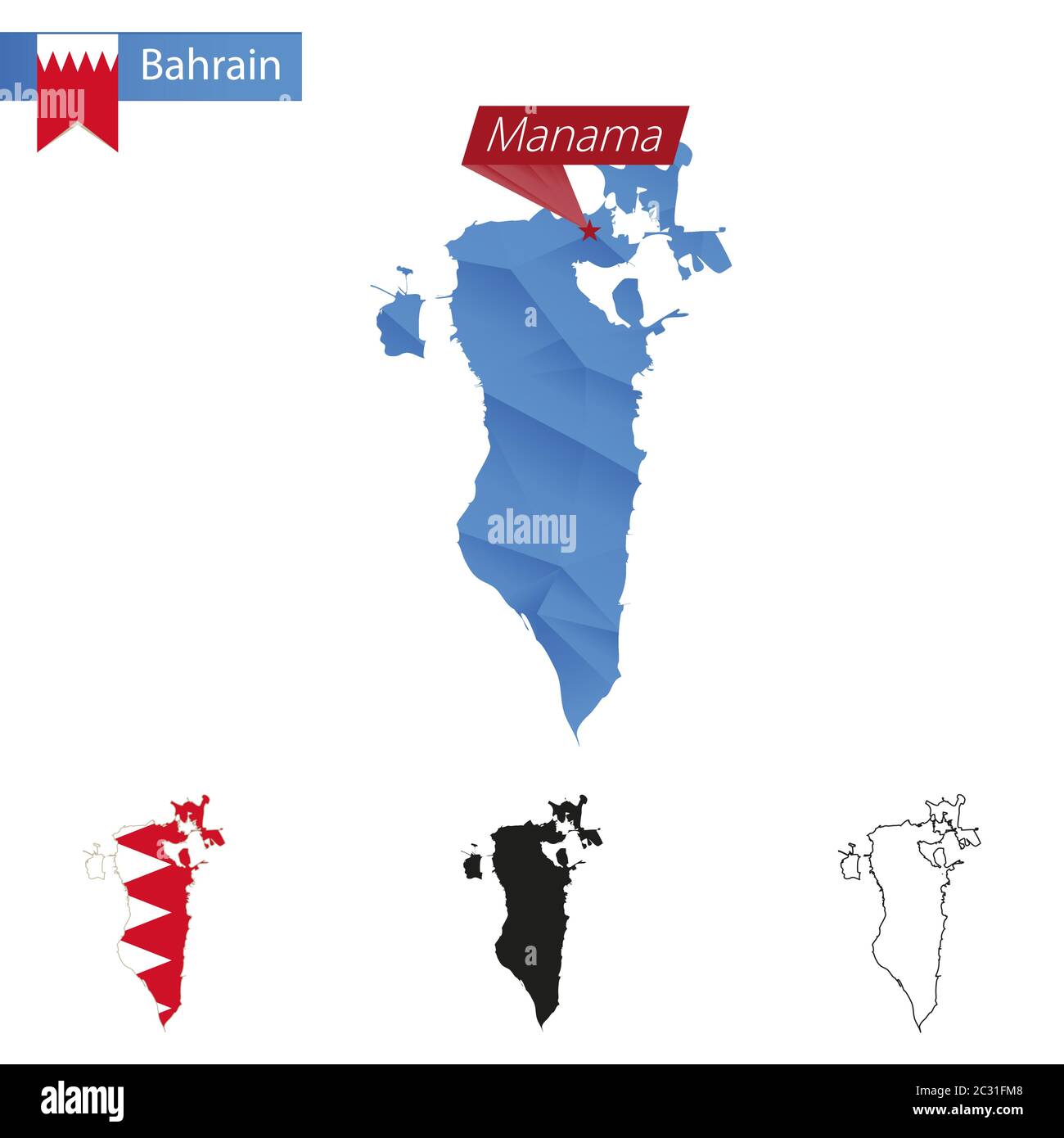 Bahrain blue Low Poly map with capital Manama, versions with flag ...