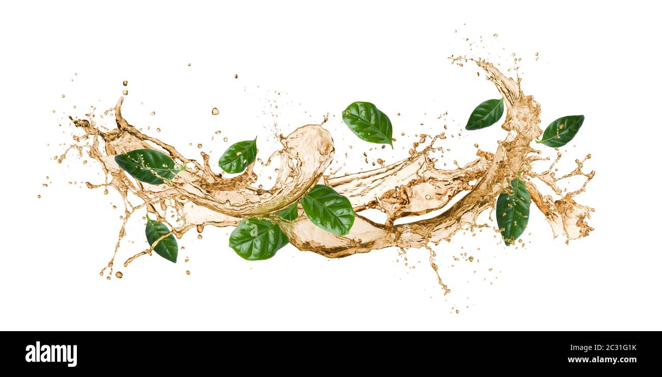 tea wave splashing with tea leaves, isolated on white Stock Photo - Alamy