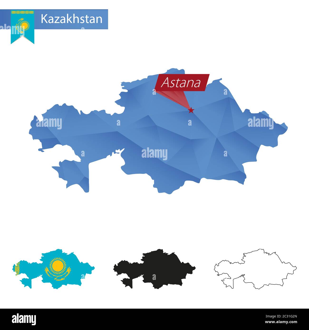 Kazakhstan blue Low Poly map with capital Astana, four versions of map ...