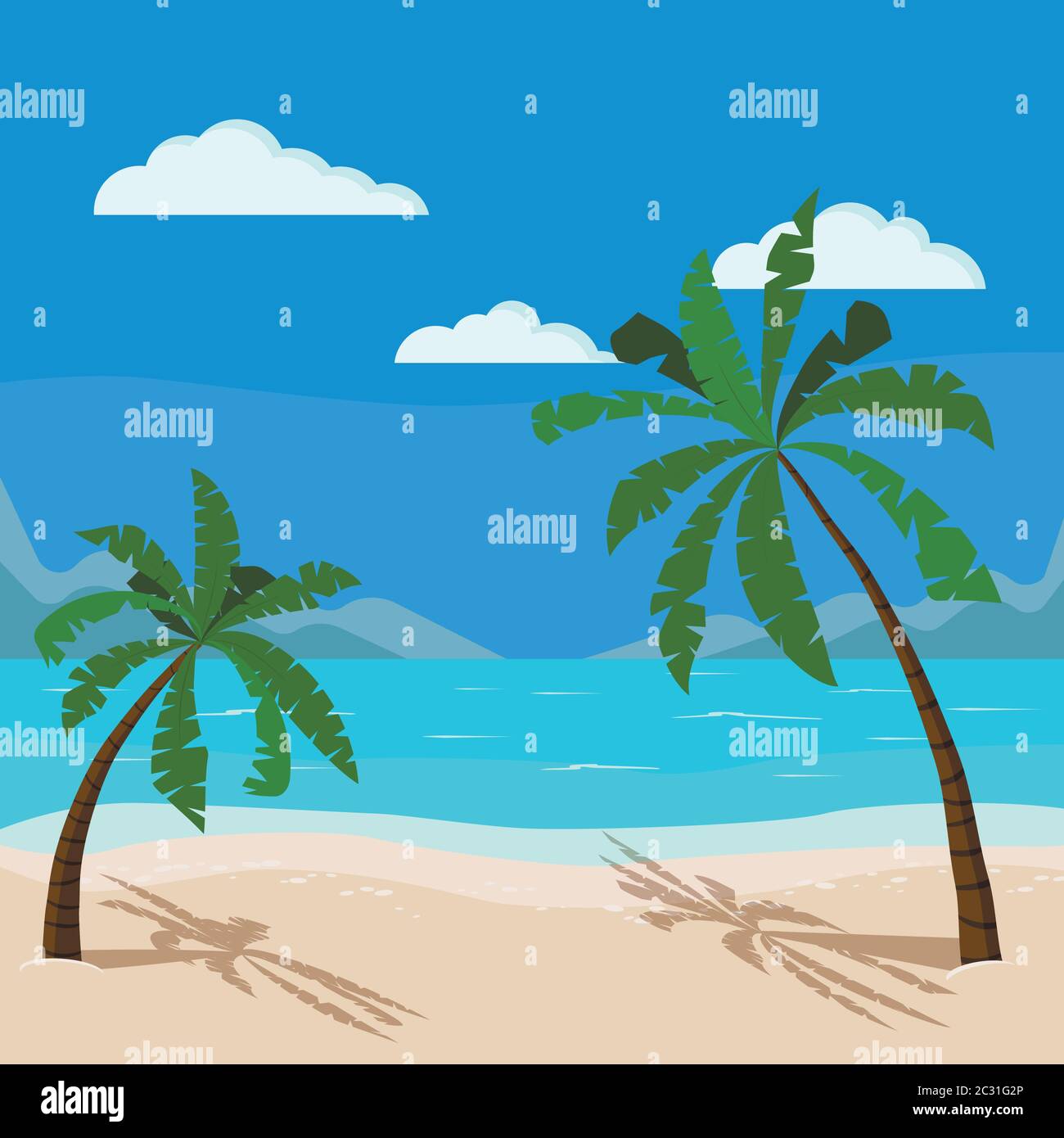 Beautiful sea landscape blue ocean, sand coastline, palm trees ...