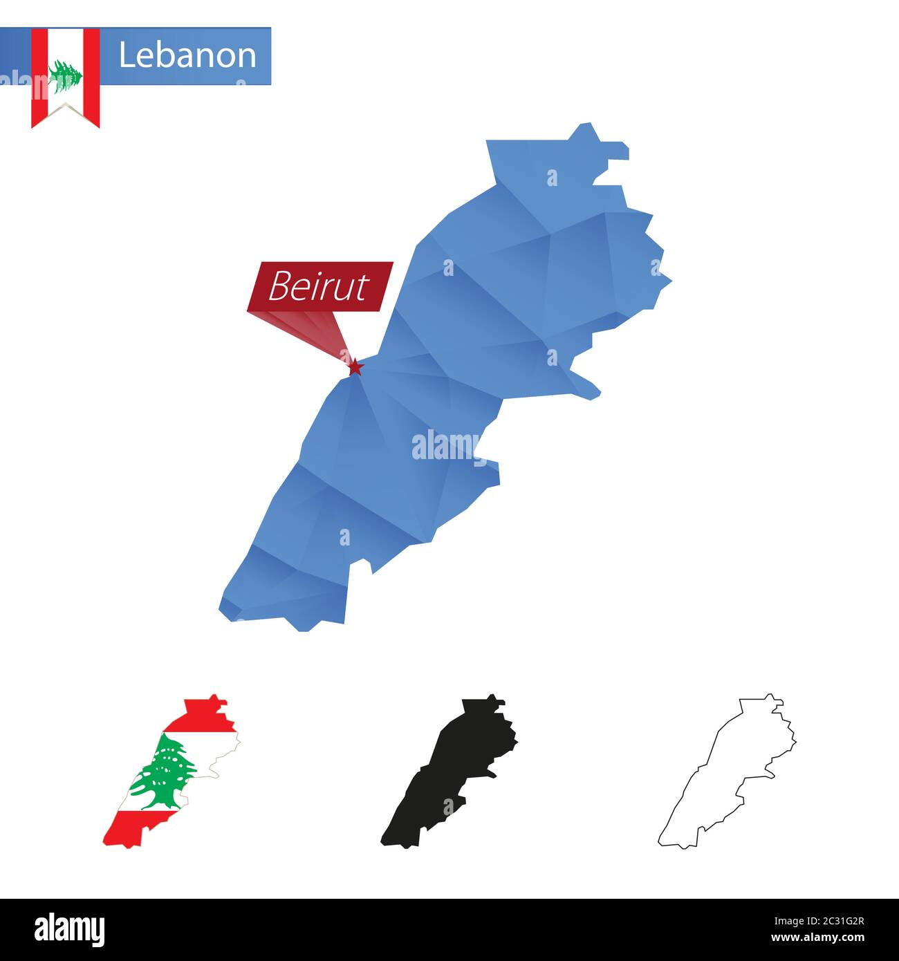 Lebanon blue Low Poly map with capital Beirut, versions with flag ...
