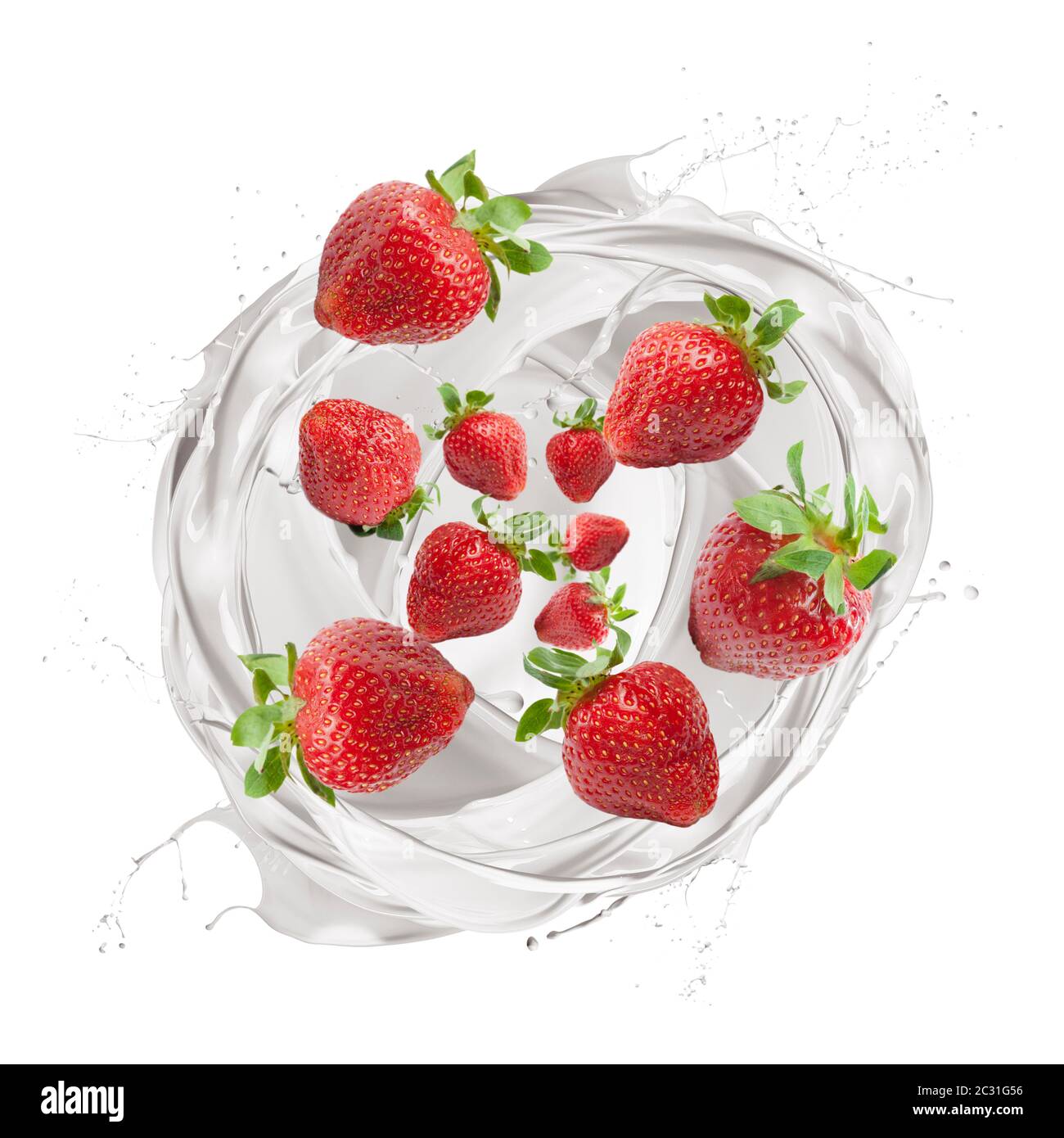 milk wave splashing with strawberries, isolated on white background ...