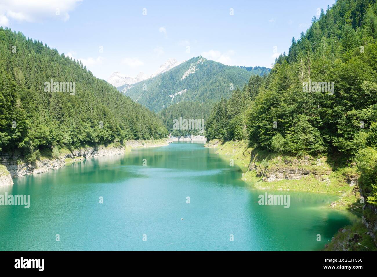 Val Noana artificial lake, Mezzano, Italy. Mountain landscape. Green ...
